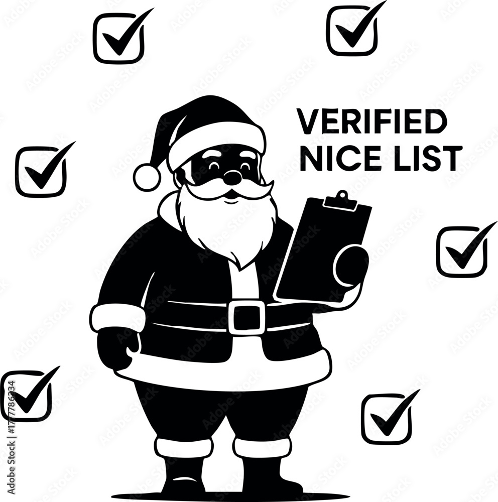 Santa Claus holding checklist verifying nice list with checkmarks ...