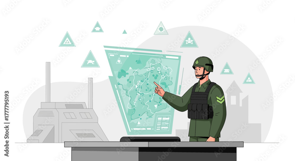 Military strategy planning with digital map interface depicting ...