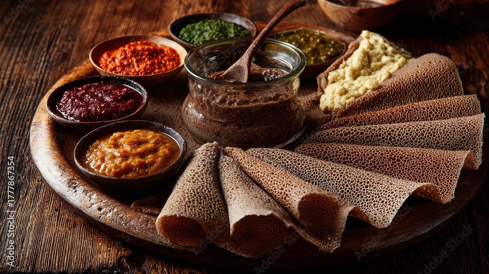 Ethiopian injera flatbread crepe assorted wot stews traditional platter ...