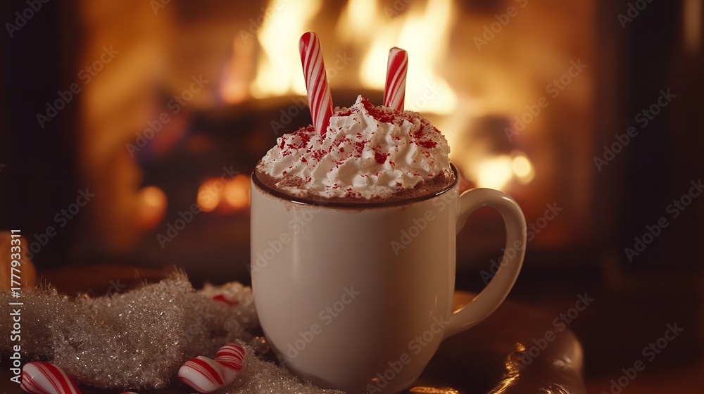 Festive hot chocolate with candy canes and whipped cream in front of a ...