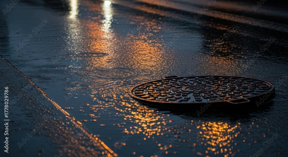 Manhole cover reflects city lights at night in wet street after rain ...