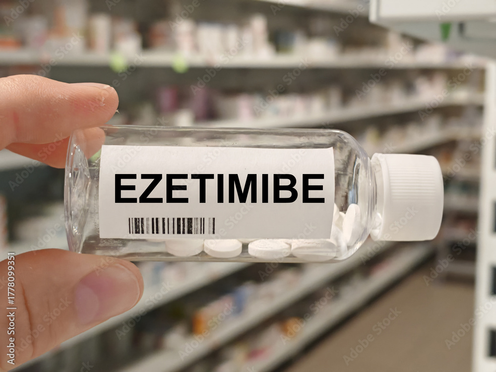 Box of EZETIMIBE tablets on a hospital pharmacy table used to lower ...