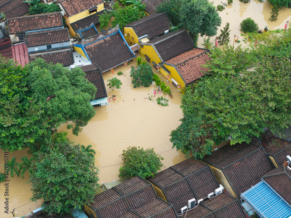The deepest flood in history in Hoi An, Da Nang 2025. Aerial view of ...