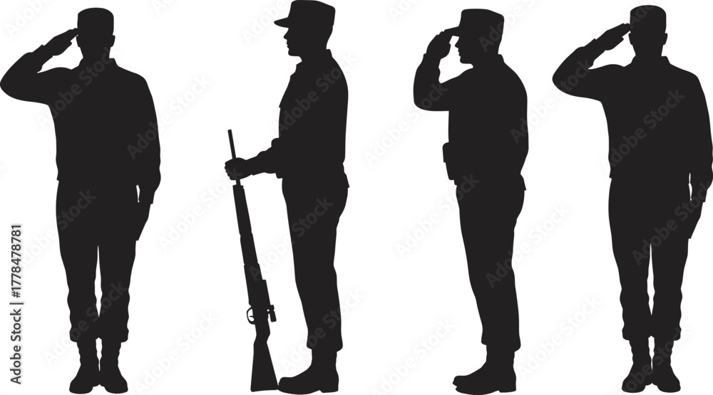 Military salute silhouettes, soldier icons, uniformed figures, rifle ...