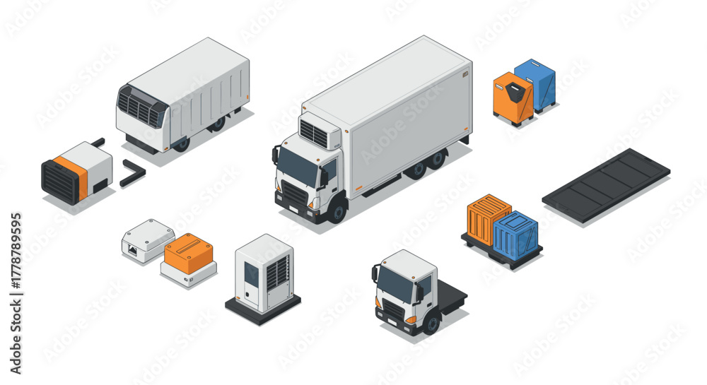 Isometric delivery truck fleet with interchangeable cargo containers ...