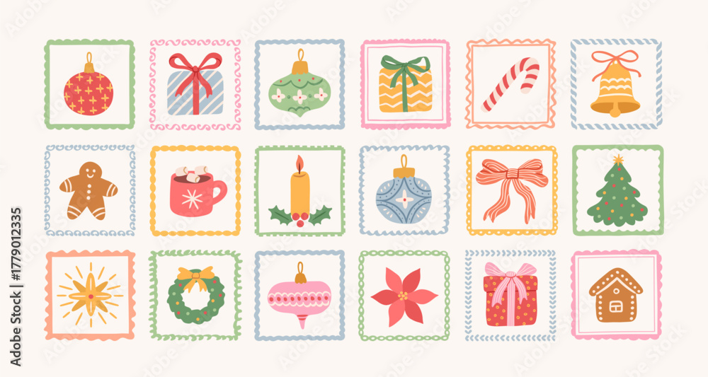 Set of Christmas hand drawn cute doodle elements in decorative frames ...