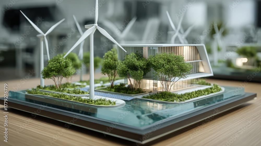 Sustainable building with wind turbine showcasing renewable energy ...