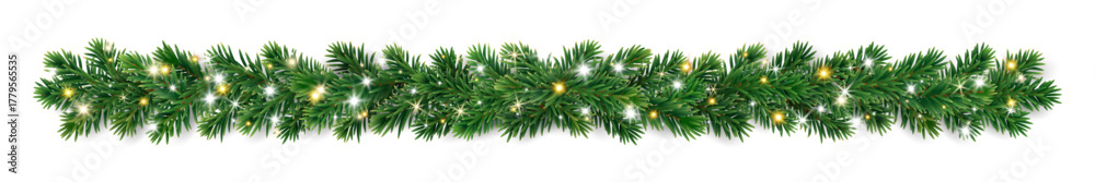 Horizontal Christmas garland of green fir branches with sparkling ...