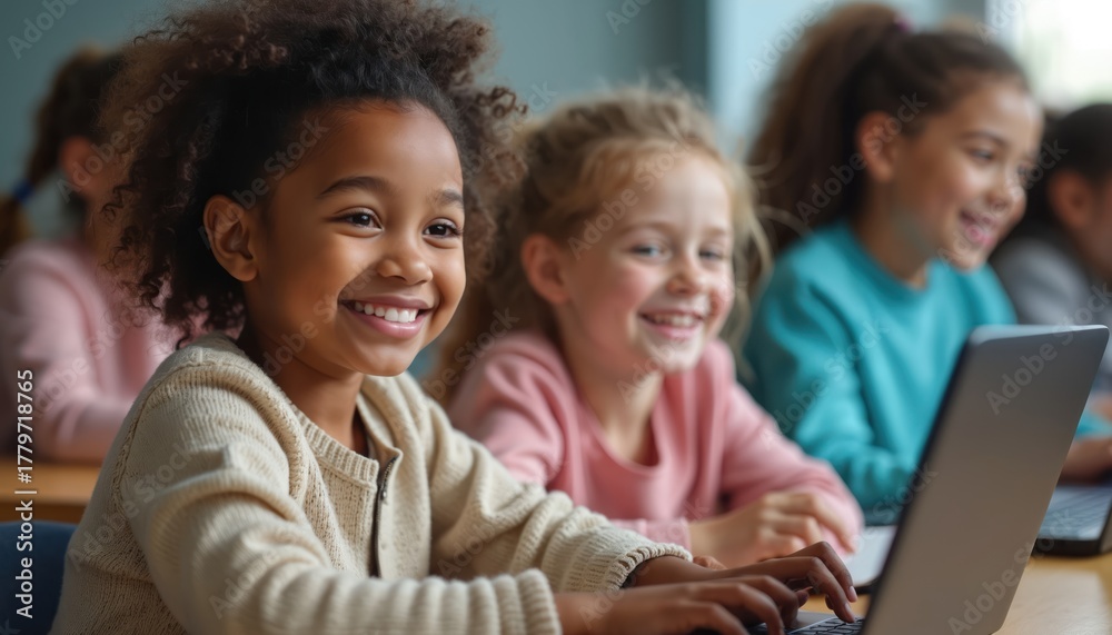 Diverse young girls in classroom actively learn coding on laptops ...