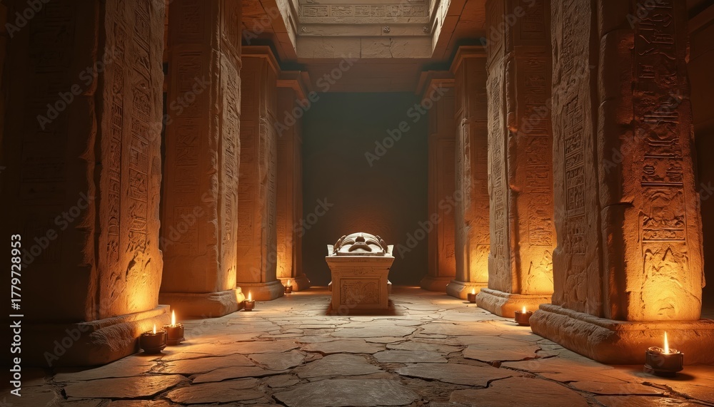 Inside ancient Egyptian tomb columns. Carvings on walls create ...