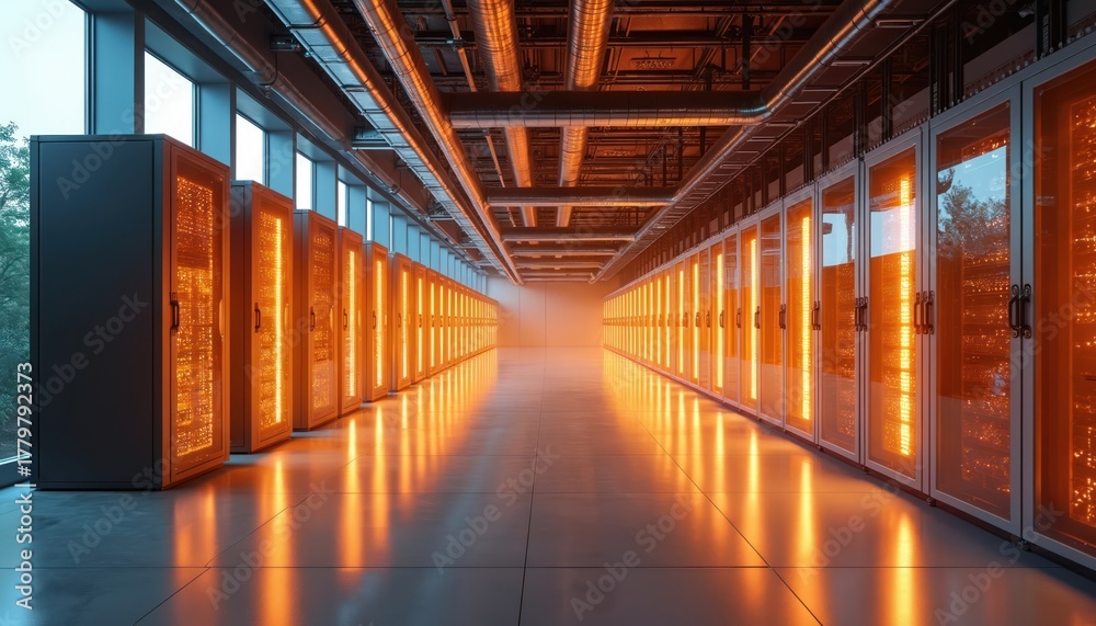 Rows of glowing orange servers line a modern data center hall. Advanced ...