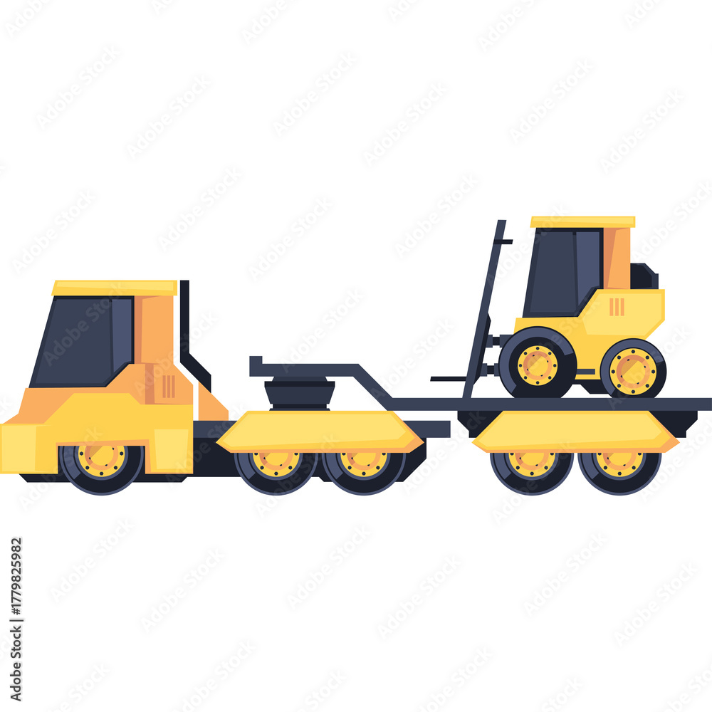 Yellow Tow Truck Hauling a Yellow Forklift on a Flatbed Trailer with a ...