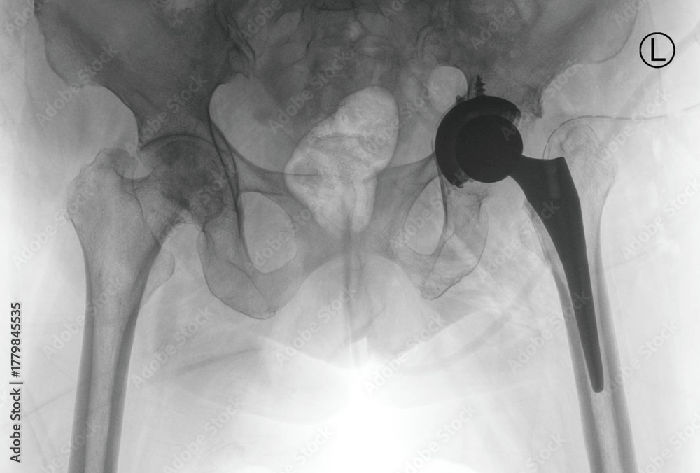 Hip X-ray radiograph showing total hip replacement with prosthetic ...