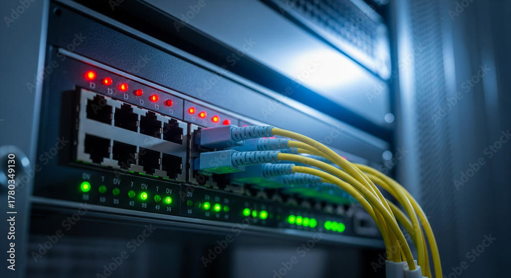 Network server rack with fiber optic cables and blinking LED indicator ...
