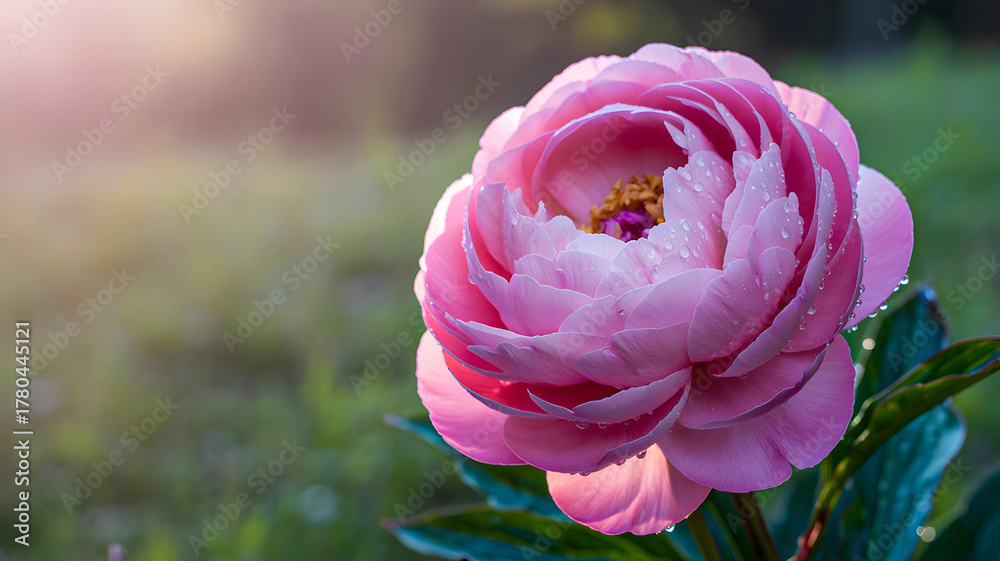 Closeup of pink peony flower with dew in sunlight Stock Photo | Adobe Stock