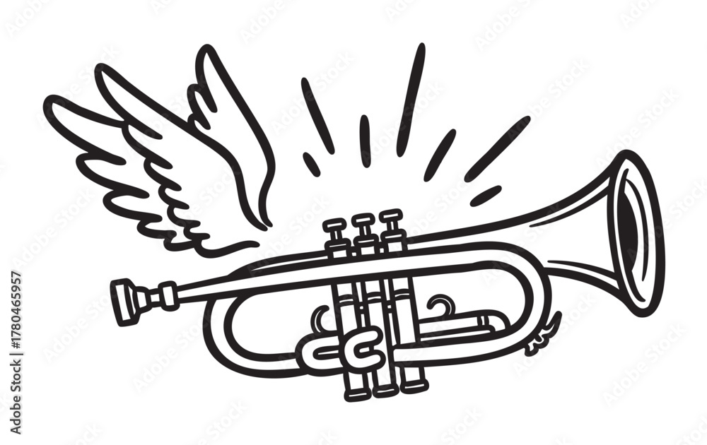 Black outline vector of a trumpet with wings, featuring musical notes ...