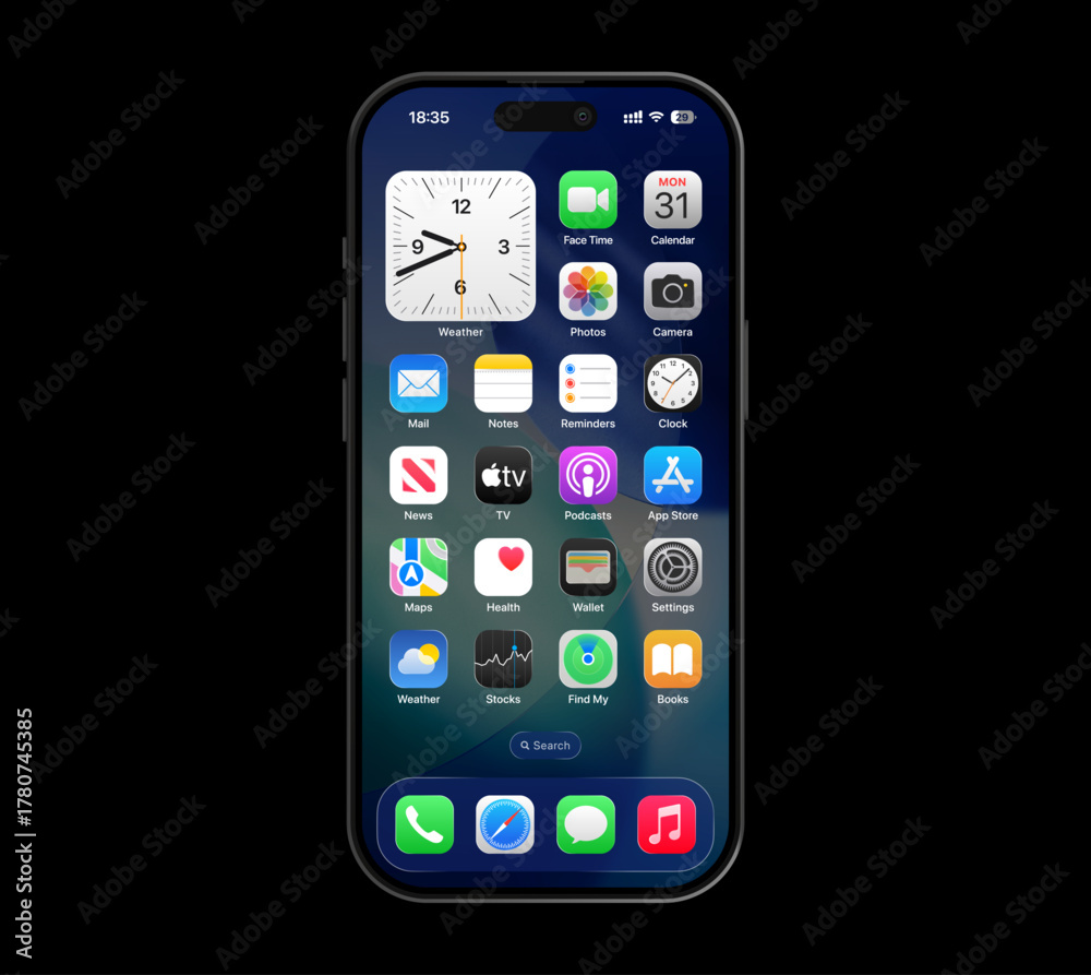 Stock-Vektorgrafik „iPhone 17 Pro main UI 2026 update featuring Liquid Glass iOS 26 design with ...