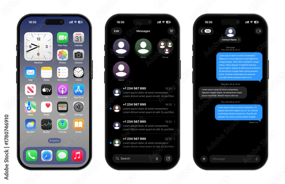 Vektor iPhone Messages app UI 2026 update with Liquid Glass iOS 26 ...