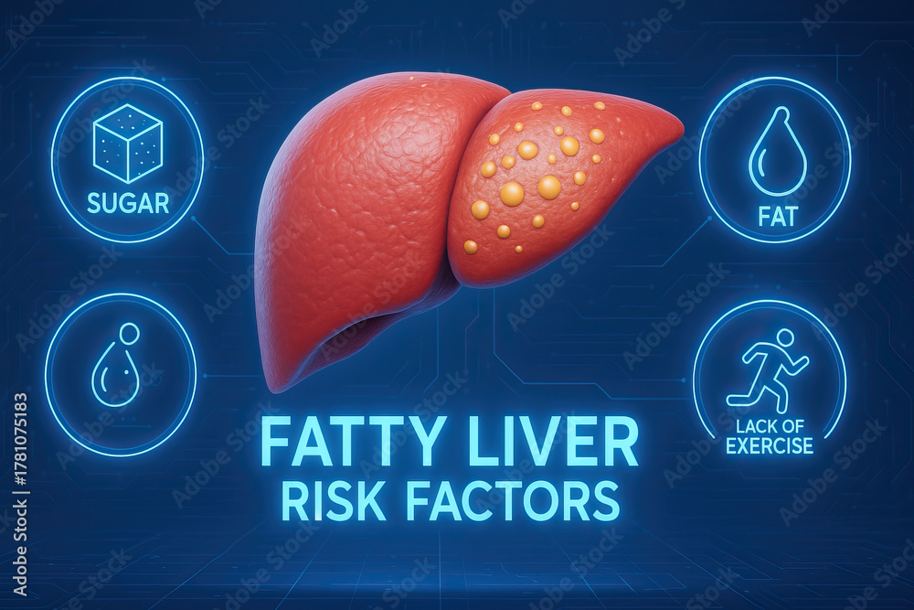 Fatty liver illustration showing liver with fat deposits, metabolic ...