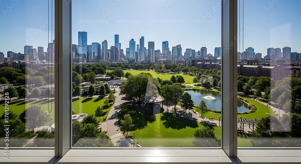 Cityscape zoom background from a window with a view of a park and ...