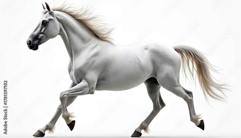 Elegant white horse gallops fast on isolated studio background. Strong ...