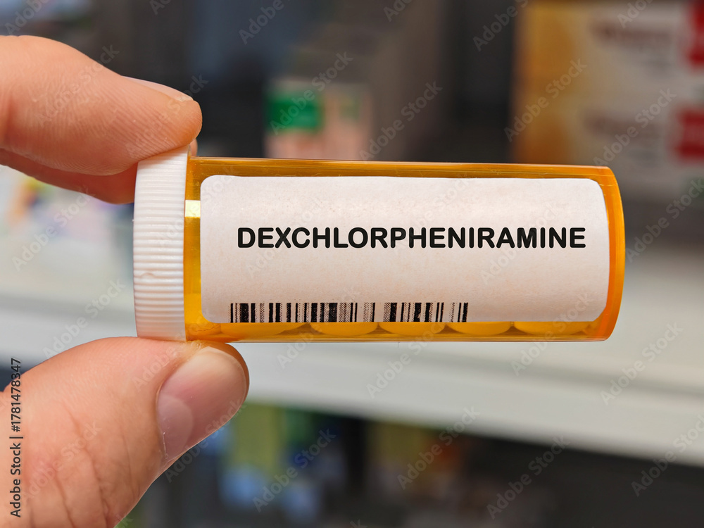 Box of DEXCHLORPHENIRAMINE tablets on a hospital pharmacy table used to ...