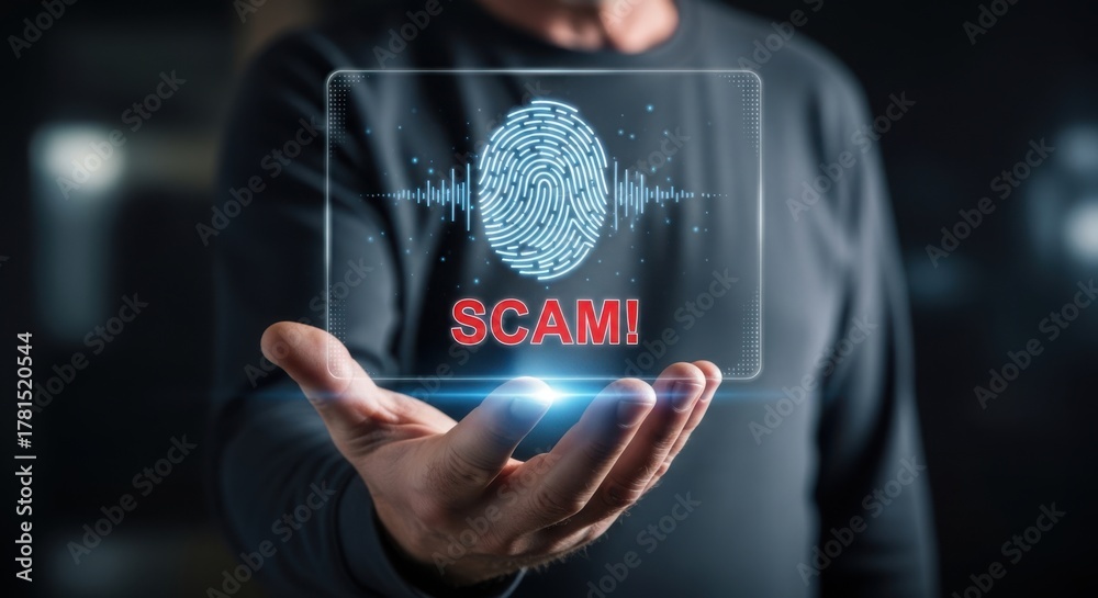 Photo Stock Cyber Biometric Scam Alert: Hand Presenting Holographic ...
