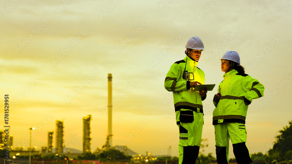 Petrochemical engineers in PPE conduct a site survey at a refinery ...