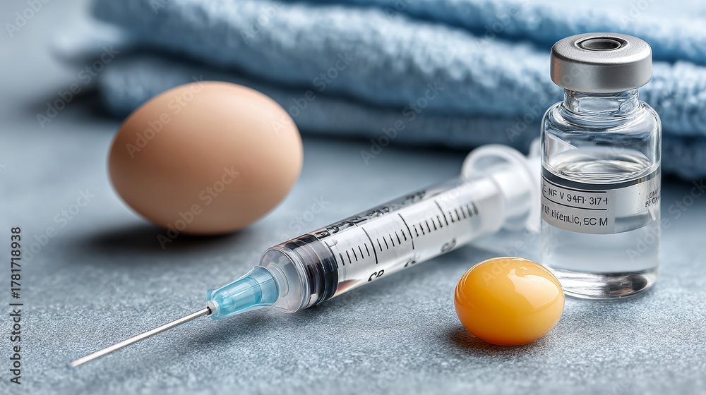 Sterile syringe glass vial egg yolk medical concept fertility IVF ...