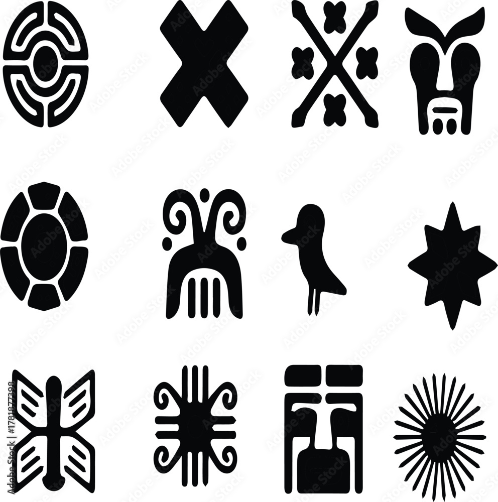 Collection of Twelve Black African Adinkra Symbols On White Background ...