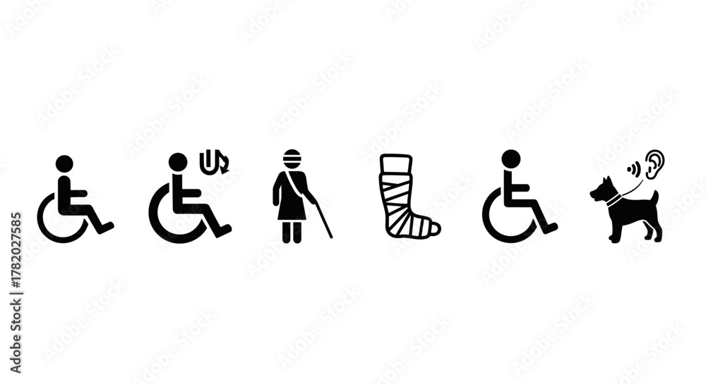 Collection of diverse disability icons in solid black, including ...