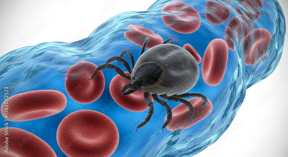Tick among red blood cells, medical concept of infection and disease ...