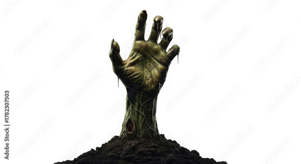Zombie hand emerges from ground, reaching up for life, horror concept ...