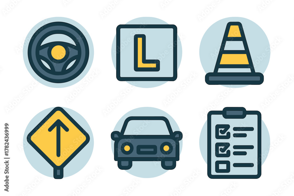 Driving symbols and icons illustrating learner driver information and ...