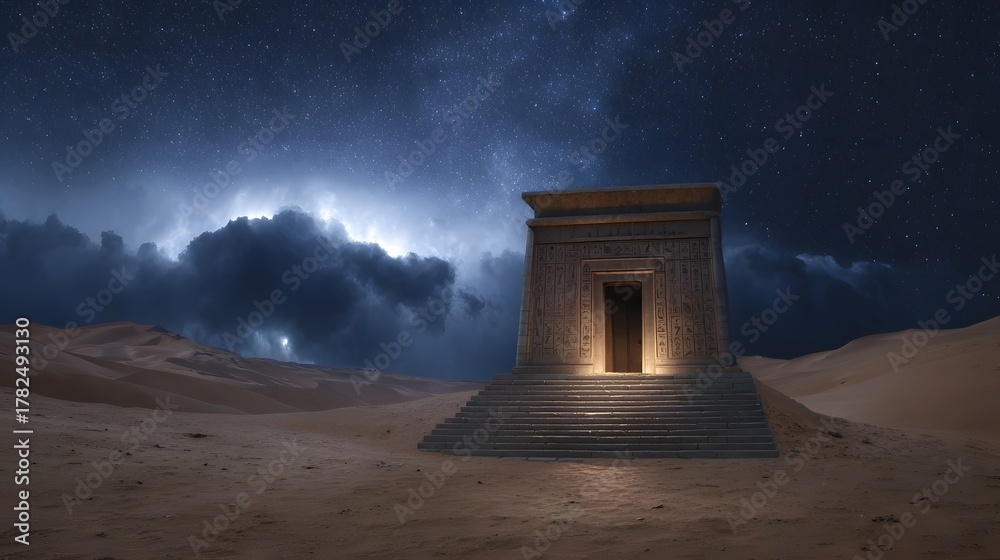 Ancient Egyptian temple structure on steps in desert under stormy night ...