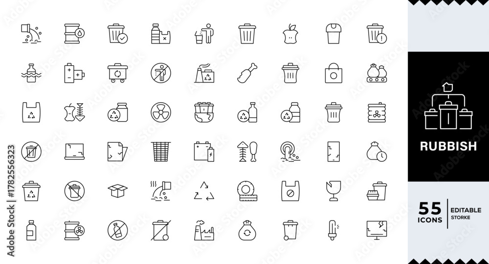 Waste and Rubbish icon set featuring minimal line symbols for garbage ...