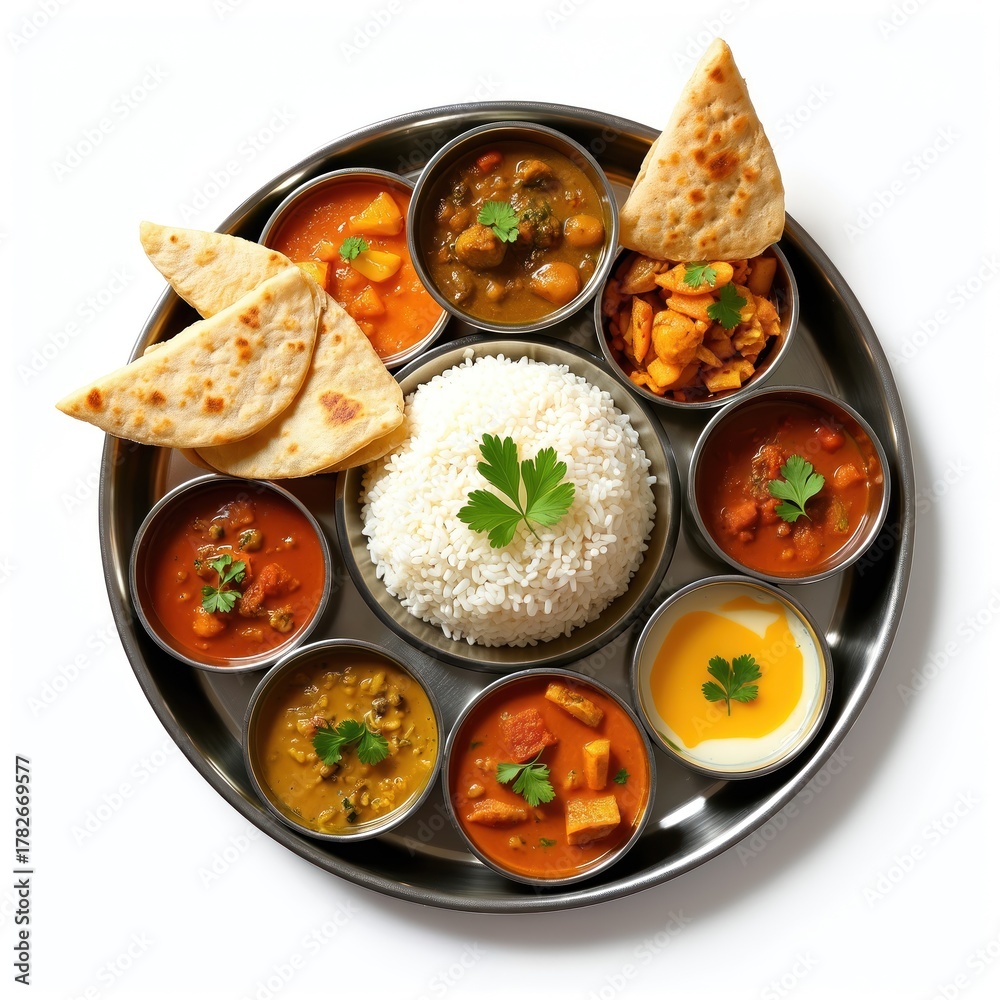 Colorful Gujarati Thali presentation on white. Indian cuisine includes ...