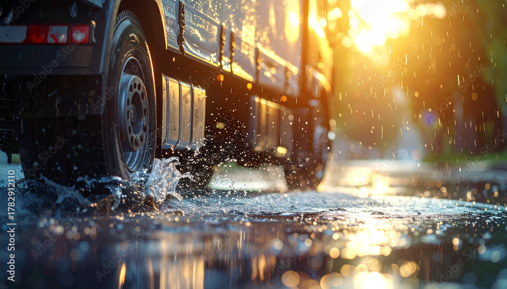 Rainy Day Transport: A low-angle shot captures a commercial vehicle as ...