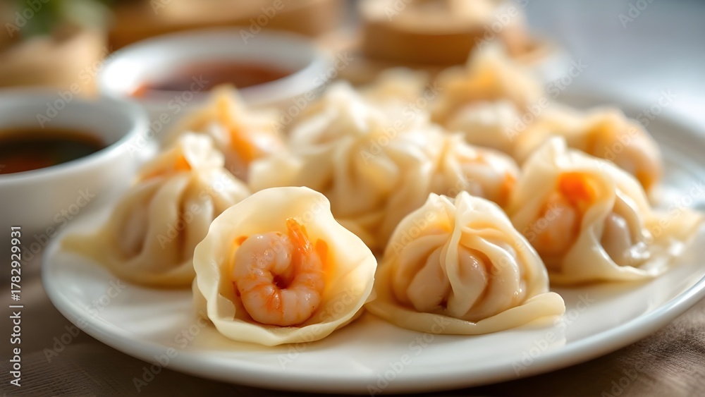 A delicious plate of freshly steamed Chinese shrimp dumplings, also ...