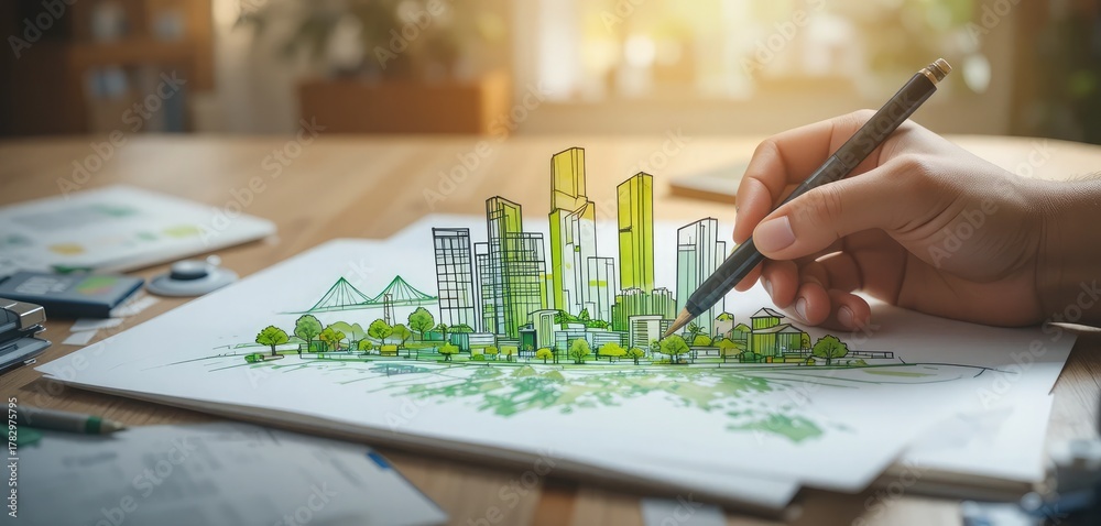 Cityscape drawing shows an architectural design with green buildings ...