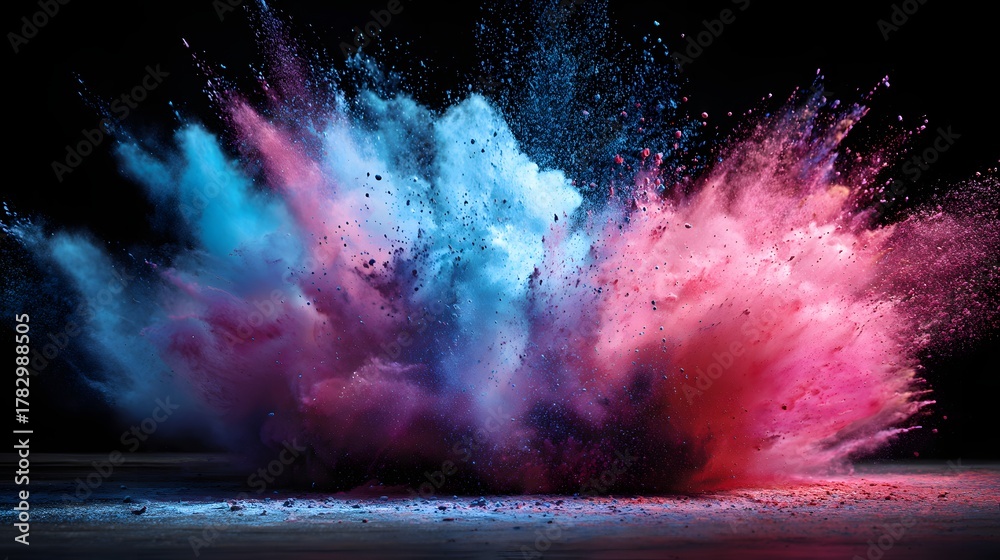 Vibrant clouds of cyan and magenta pigment burst dramatically against a ...
