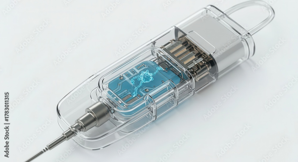 Transparent casing reveals internal microscopic components and glowing ...