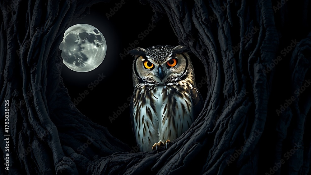 passivity. An owl with intense gaze guarding a tree hollow in moonlight ...