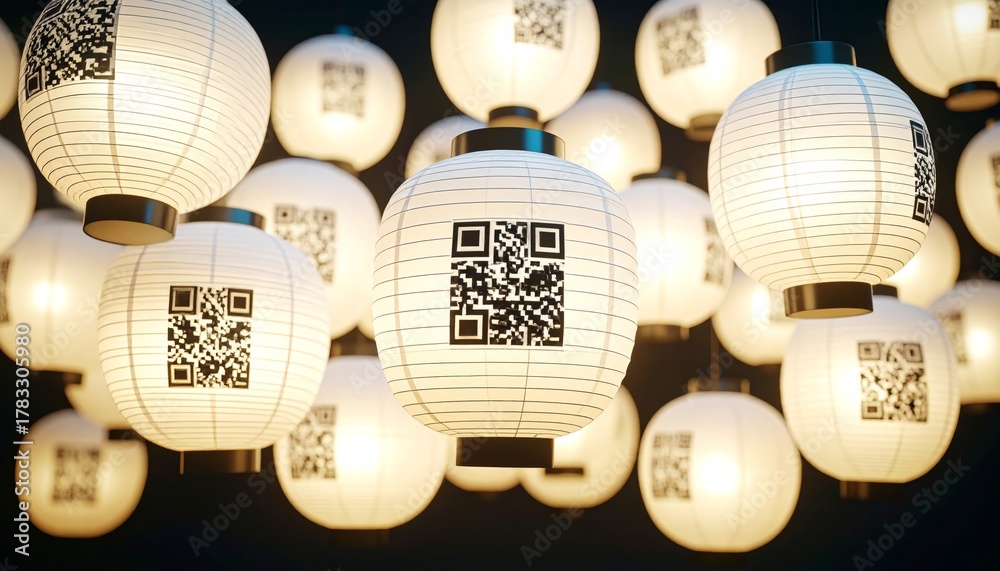 Foto de Stock Floating Japanese Lanterns with QR Codes in Studio ...