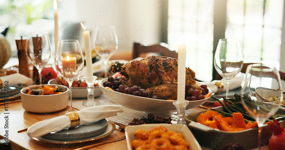 Table, setup and turkey for thanksgiving at house for social gathering ...