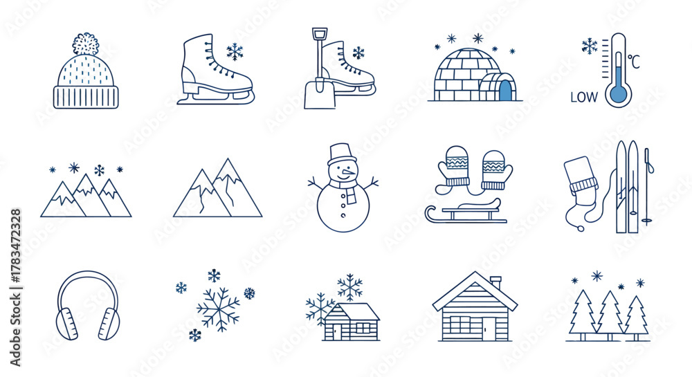 Winter season outline icon set. Collection of simple blue line art ...
