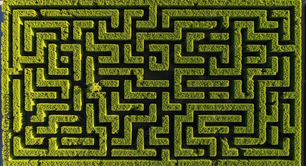 Aerial green hedge maze labyrinth pattern, top view complexity, problem ...