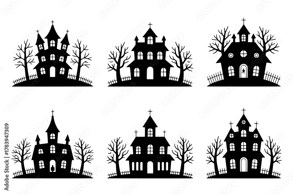 Set of six unique haunted house silhouettes with spooky bare trees and ...