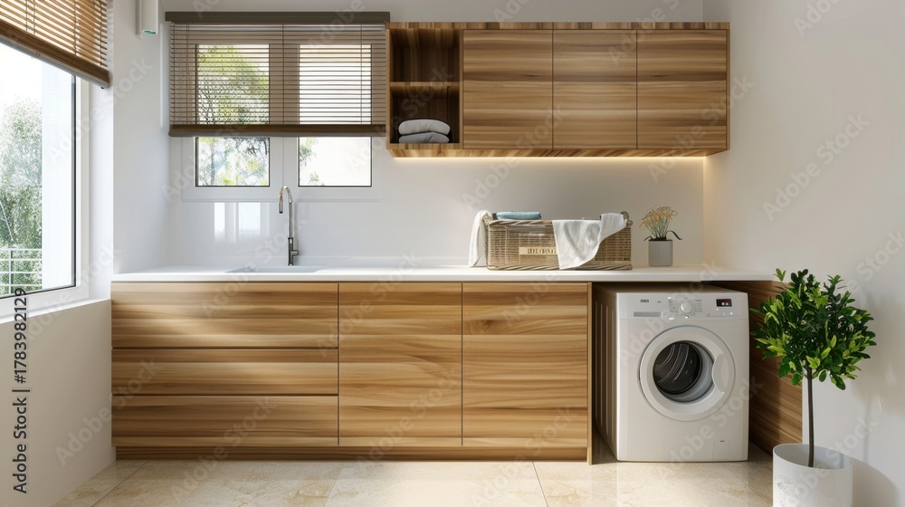 Zdjęcie bez tantiem: Modern kitchen interior with wooden cabinets ...