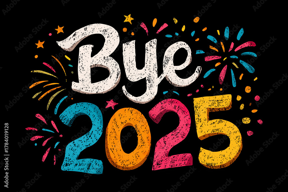 Bye 2025 rough textured letters with fireworks and hand-drawn stars for ...